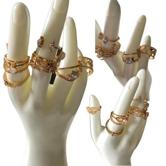 Jewelry | 12 Piece Goldtone Ring Set Rhinestone Cut Out Styles | Poshmark